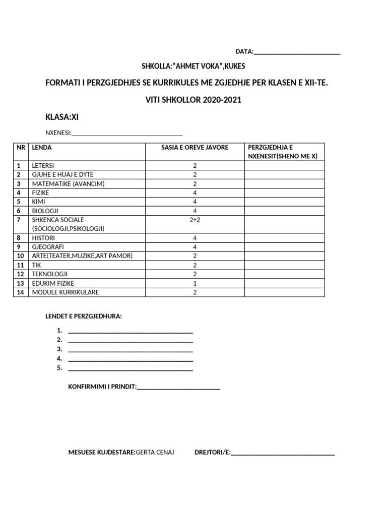Formati I Perzgjedhjes Se Kurrikules Me Zgjedhje - Klasa Xi. | PDF