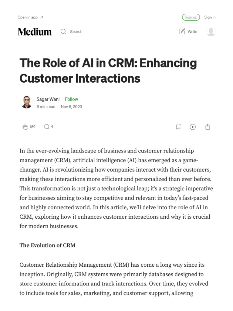 The Role of AI in CRM - Enhancing Customer Interactions - by Sagar Wani - Medium | PDF