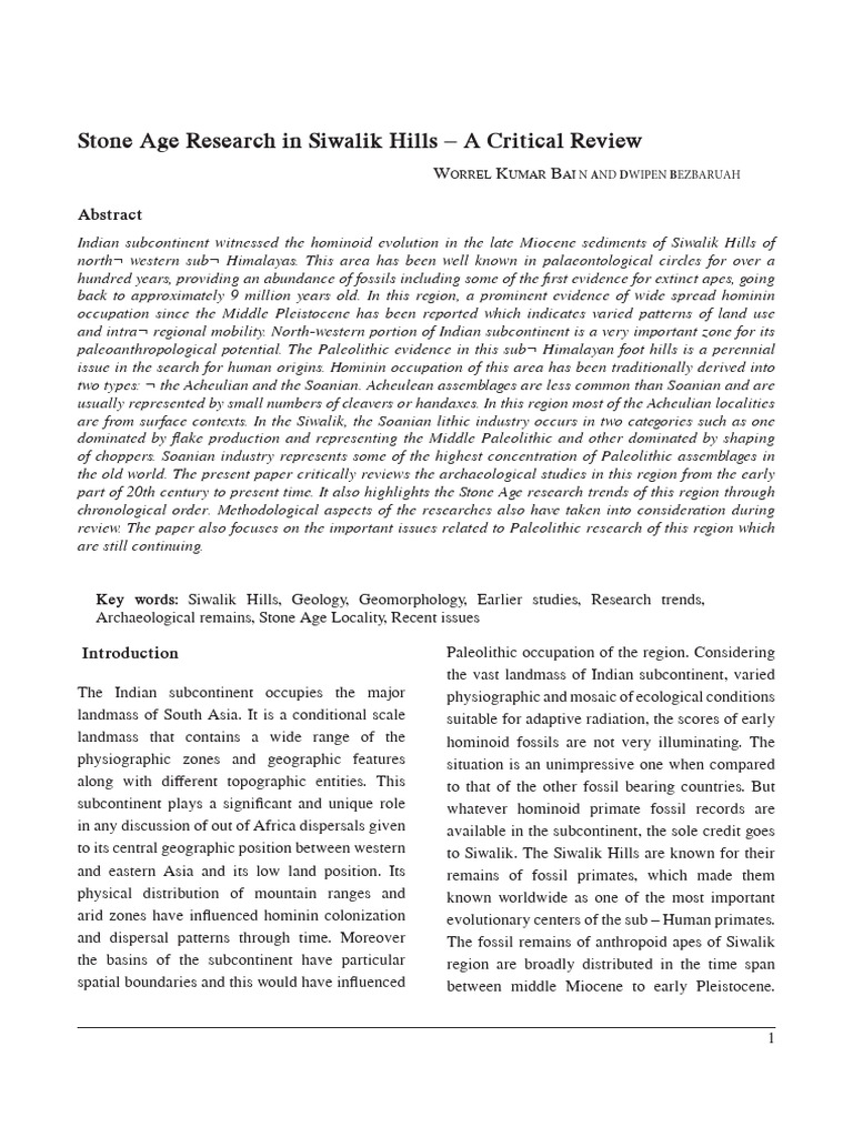 Stone Age Research in Siwalik Hills A CR | PDF
