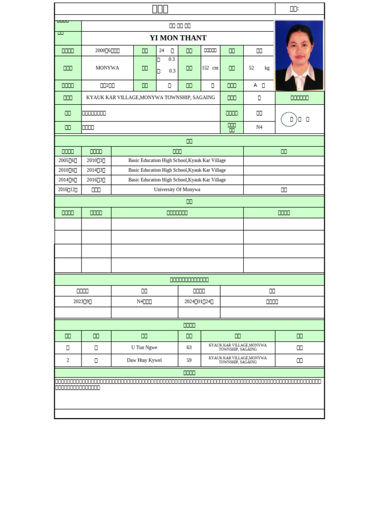 Tokutei-Ginou-Cv (Yi Mon Thant) | PDF