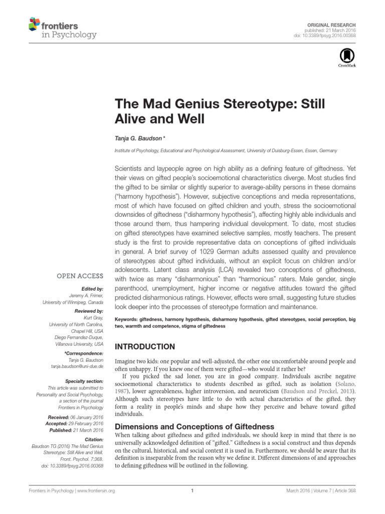Baudson 2016 The Mad Genius Stereotype Still Alive and Well | PDF