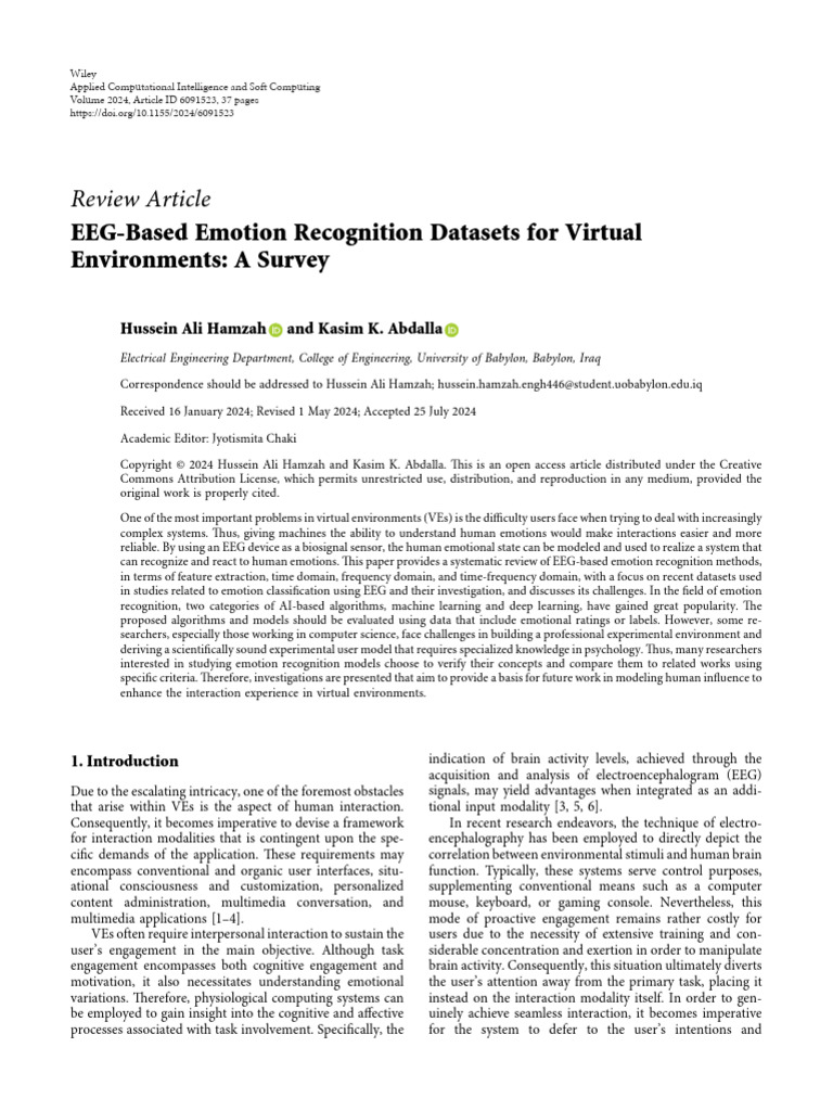 EEG-Based Emotion Recognition Datasets For Virtual | PDF