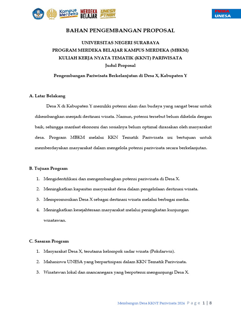 Bahan Perencanaan Proposal Program Kerja Membangun Desa KKNT Pariwisata ...
