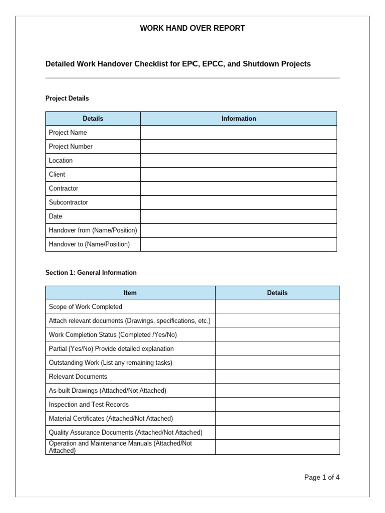 Detailed Work Handover Checklist For EPC | PDF