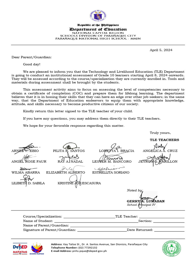 Coc Assessment Letter To Parents with-SIGNATURES | PDF
