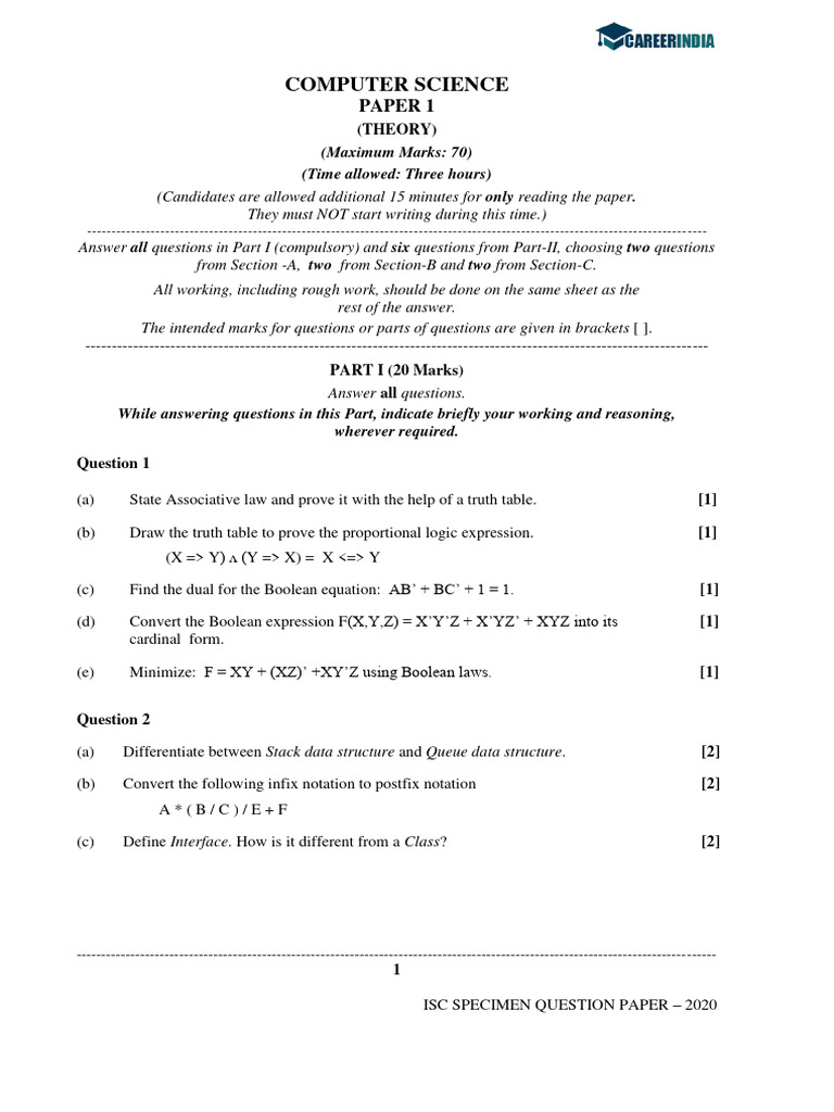 ISC Class 12 Computer Science Paper 1 (Theory) Question Paper - 2020 | PDF