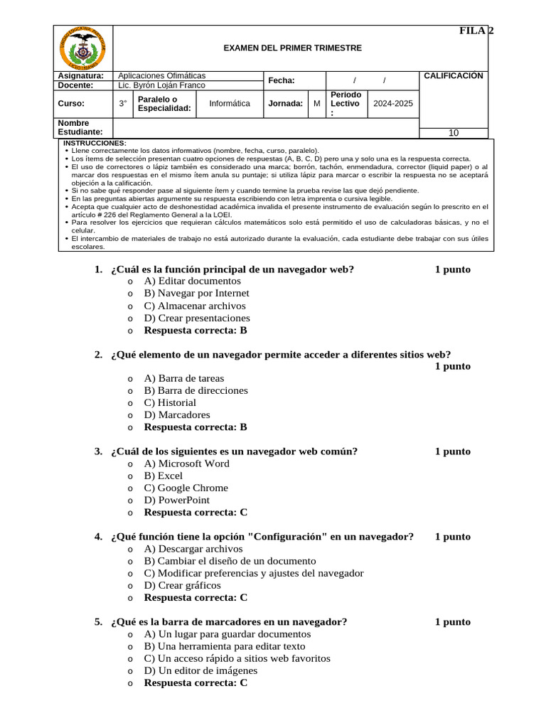 Aplicaciones Ofimaticas - Examen de 3ero Bachillerato Fila 2 | PDF