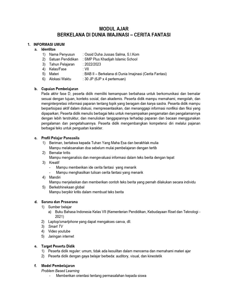Modul Ajar BINDO VII - BAB 2 Berkelana Di Dunia Imajinasi | PDF ...