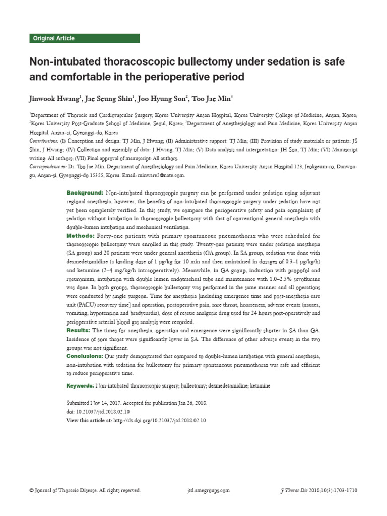 Non-Intubated Thoracoscopic Bullectomy Under Sedation is Safe and ...