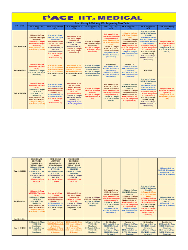 Revised Engg Time Table 5th Aug To 11th Aug 2024 | PDF | Physical ...