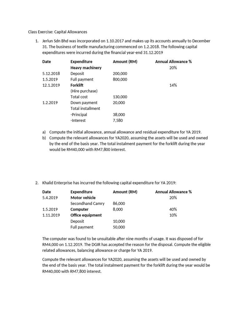 Class Exercise - Capital Allowance | PDF