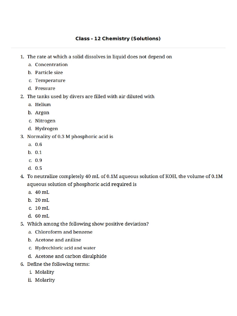 Solution Class 12 Worksheet | PDF
