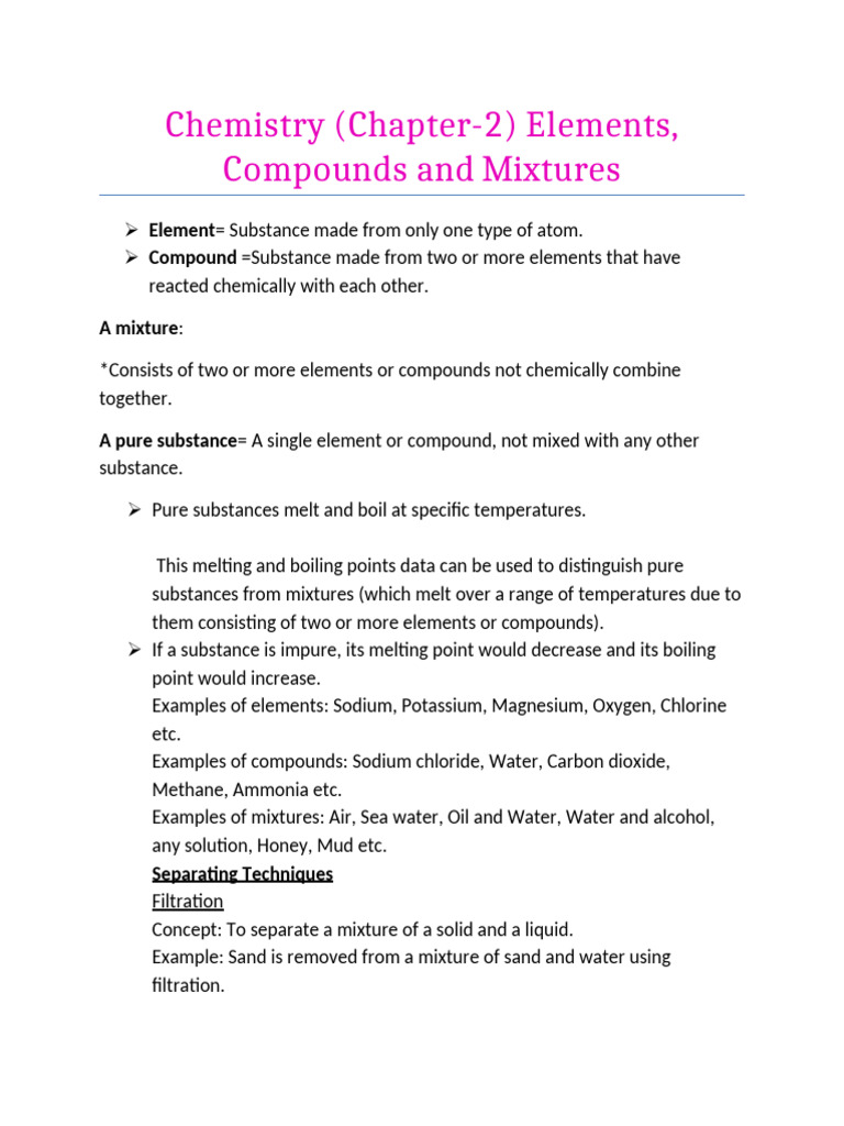 Chemistry (Chapter-2) Elements, Compunds and Mixtures | PDF