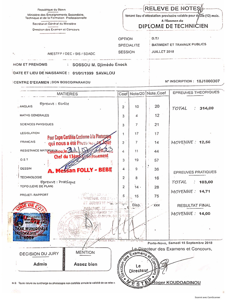 Relevé de Notes DT Moyenne 13,99 | PDF Relevé de Notes DT Moyenne 13,99 | PDF