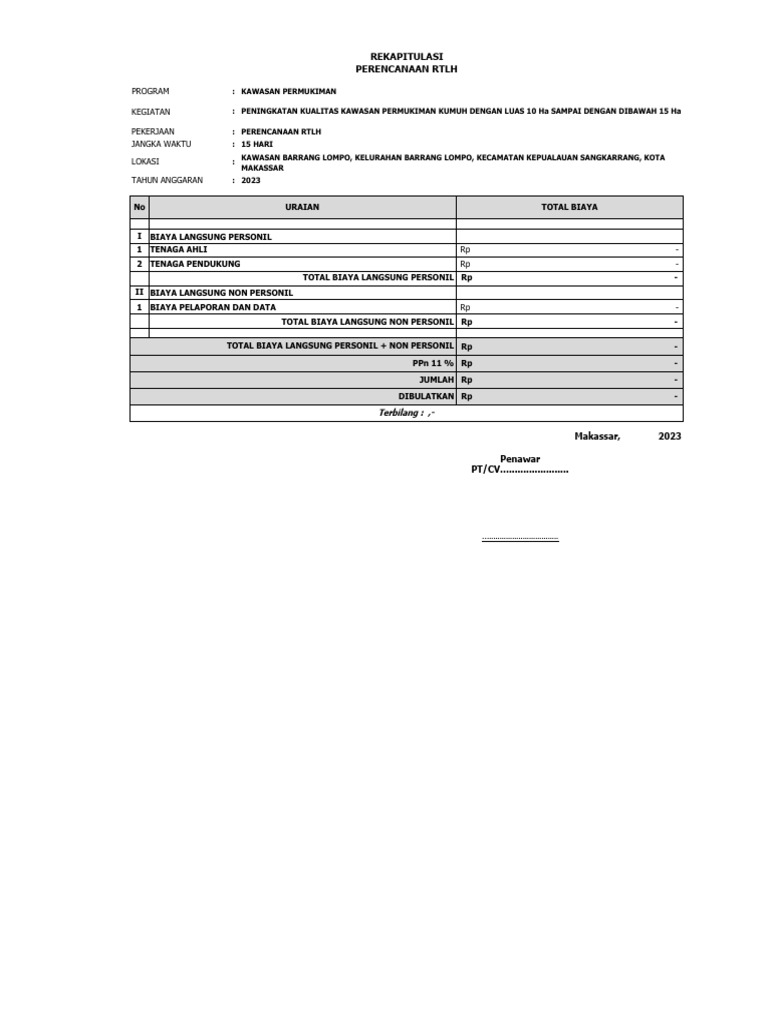 BOQ Perencanaan RTLH | PDF