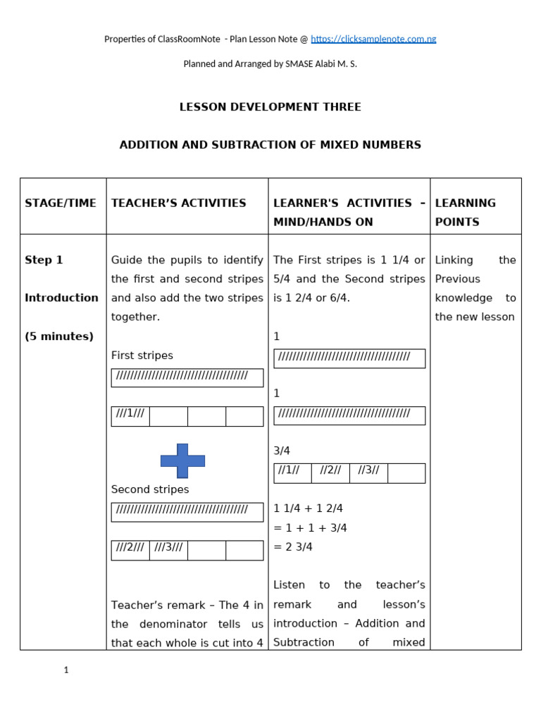Addition and Subtraction of Mixed Numbers Docx 1 | PDF | Learning ...