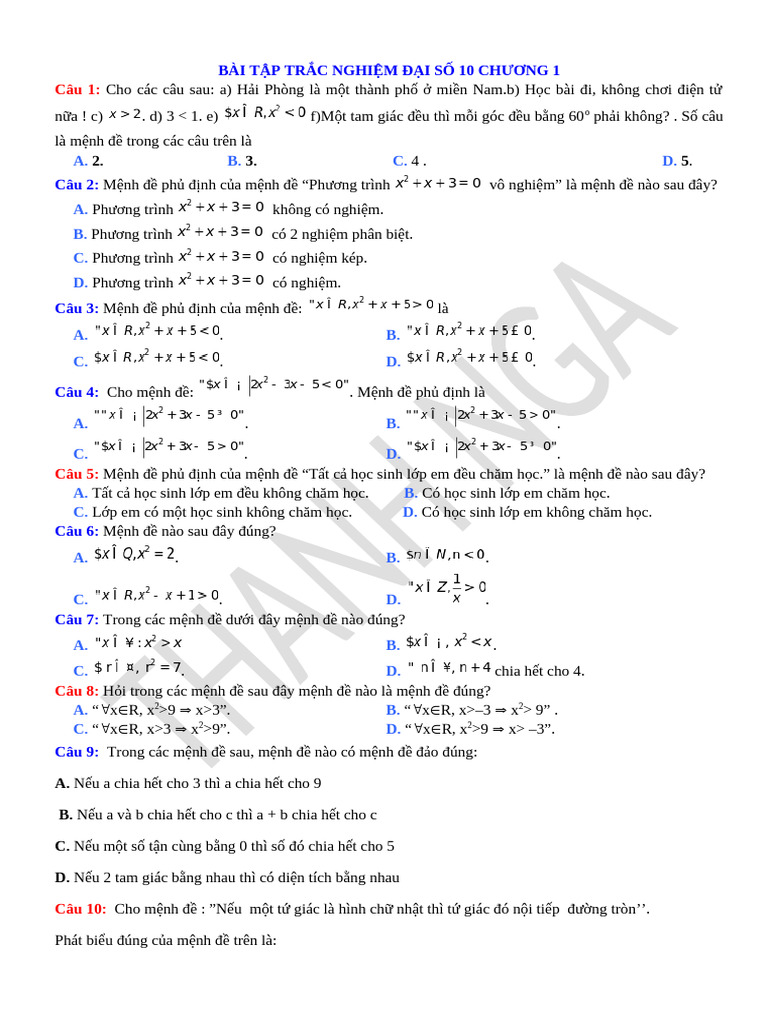BÀI TẬP TRẮC NGHIỆM CHƯƠNG 1 ĐS-2023-Nga | PDF