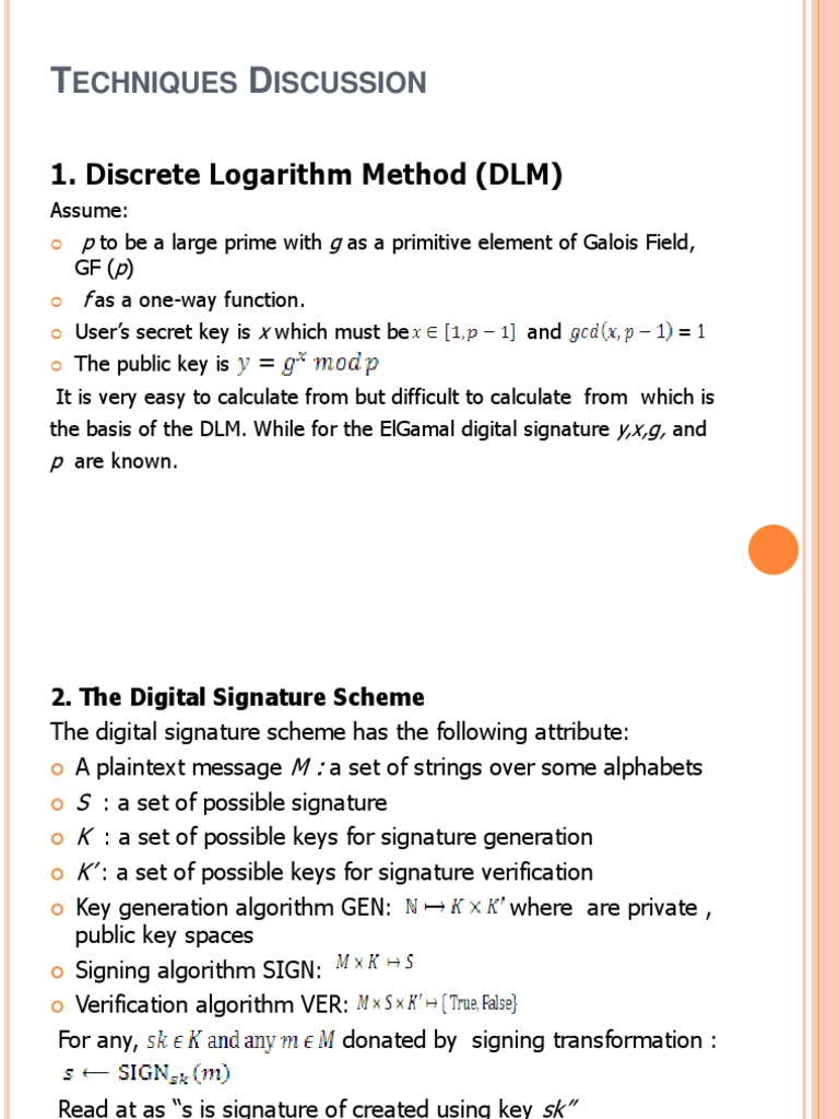 Echniques Iscussion: 1. Discrete Logarithm Method (DLM) | PDF | Key ...