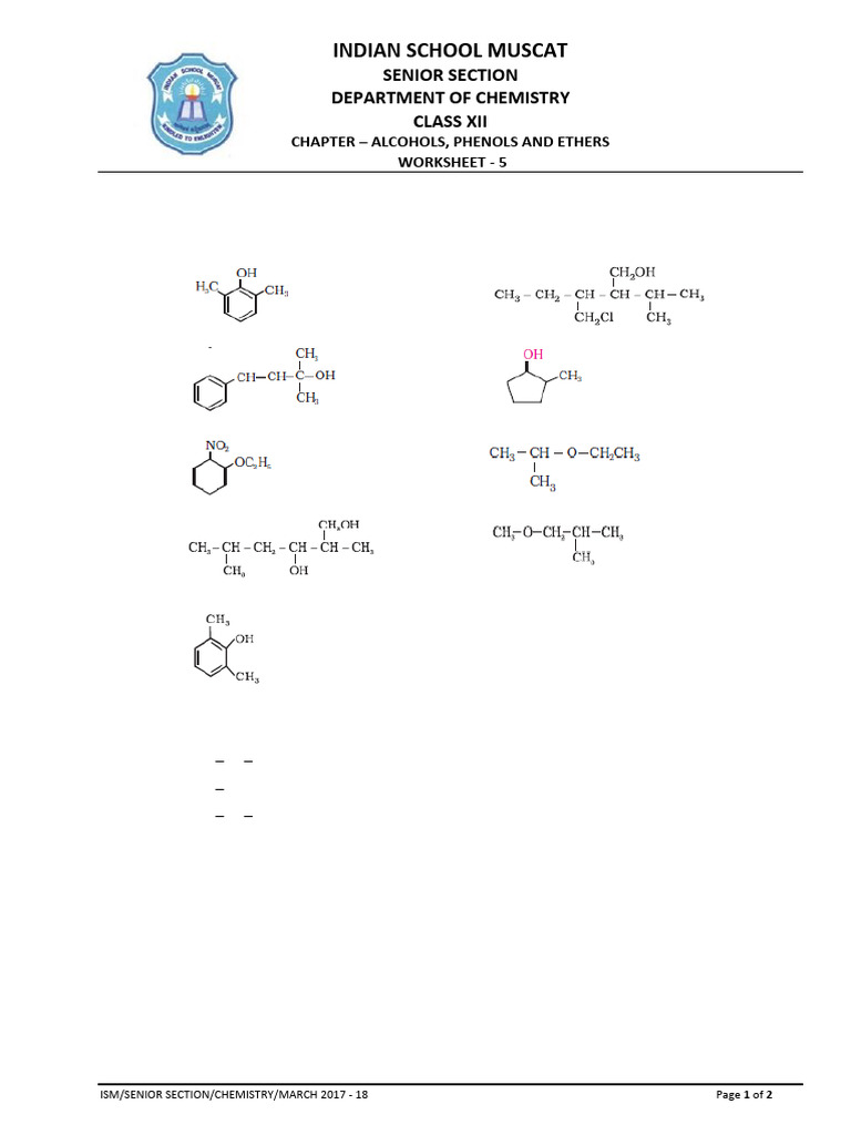 Class - Xii - Chemistry - Alcohols - Phenols and Acids - Worksheet - 5 ...