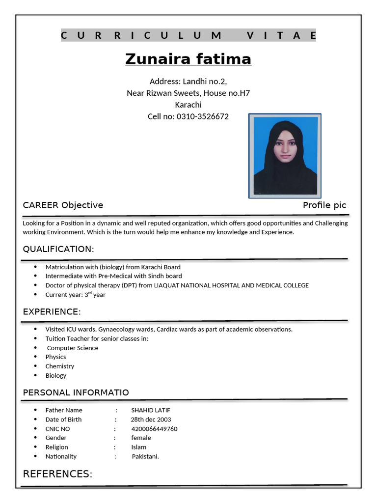 Zunaira Fatima's CV: DPT Student Profile | PDF