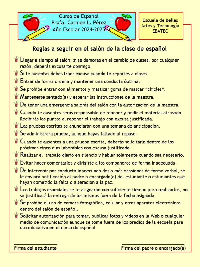 Reglas A Seguir en El Salón de Español | PDF | Artes del Lenguaje y ...