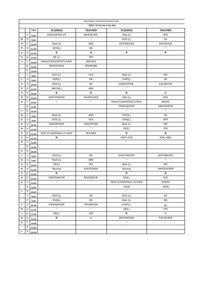 CSE Time Table - Wef 12TH AUG 2024 | PDF