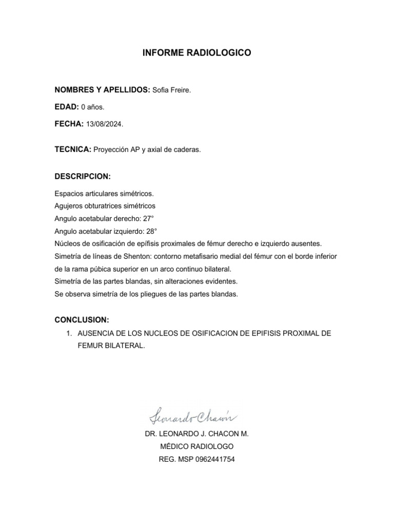 Informe RX de Cadera Sofia Freire | PDF