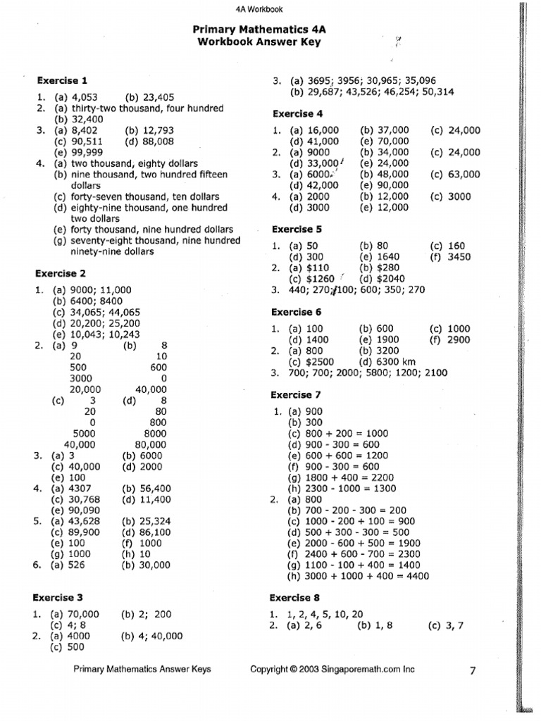 Singapore Math 4A - Workbook - Answer Key | PDF