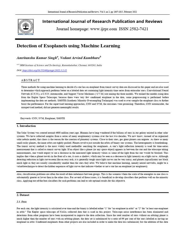 Ijrpr2746 Detection Of Exoplanets Using Machine Learning Pdf