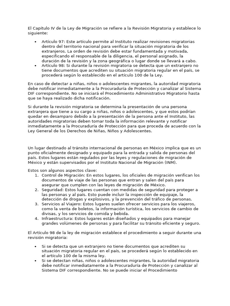 El Capítulo IV de La Ley de Migración Se Refiere A La Revisi | PDF