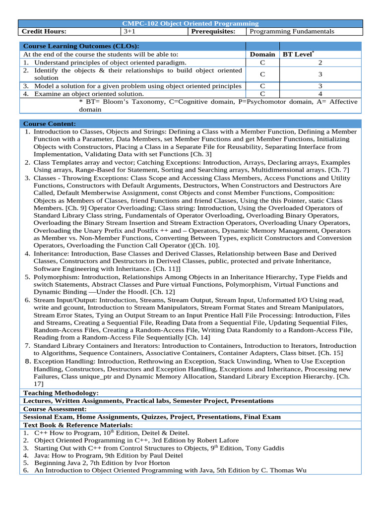 OOP Course Outline | PDF | Class (Computer Programming) | Teaching Methods & Materials