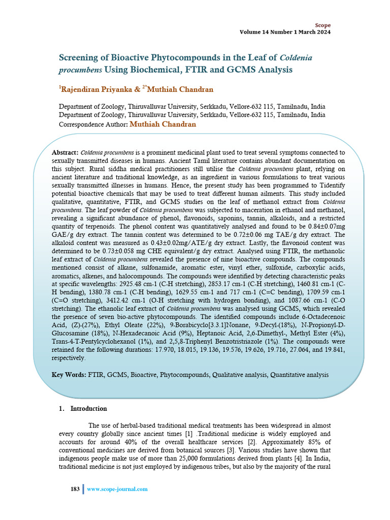 Screening of Bioactive Phytocompounds in The Leaf of Coldenia ...