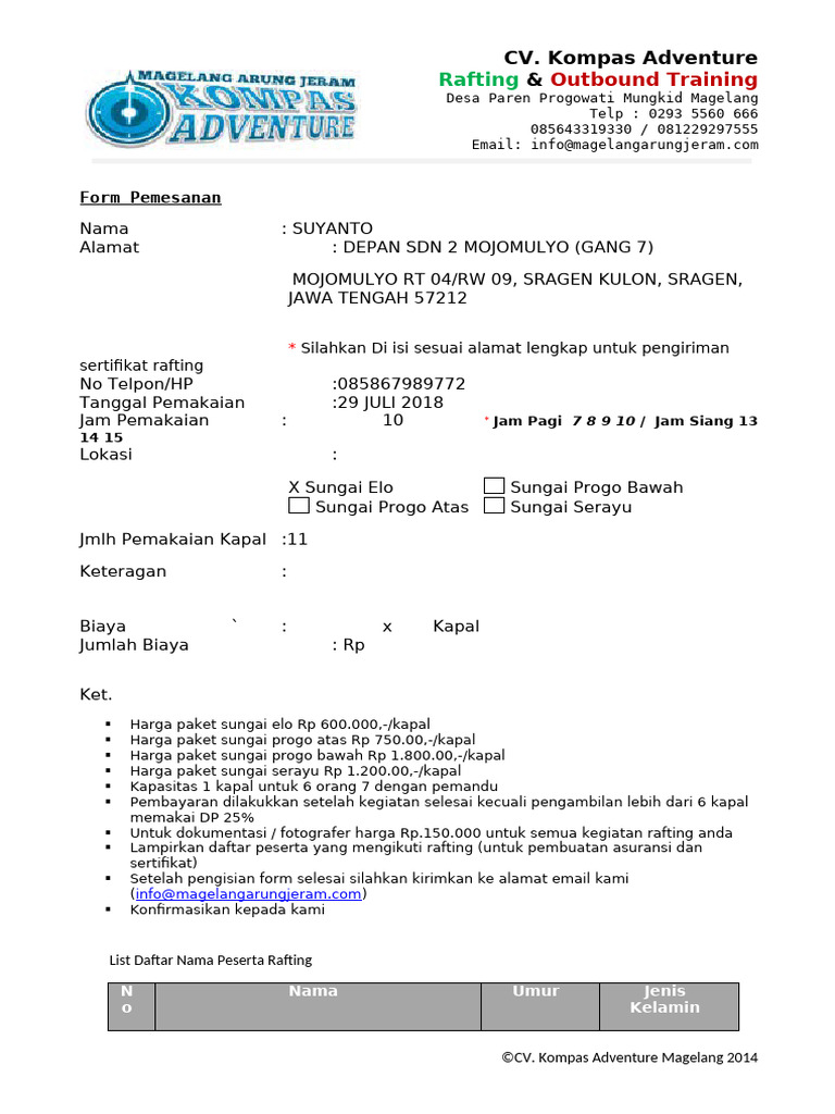 Form Pemesanan Rafting | PDF