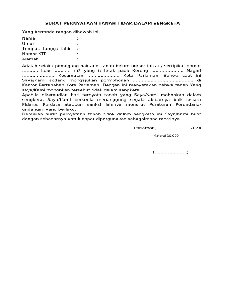 Surat Pernyataan Tanah Tidak Dalam Sengketa | PDF Surat Pernyataan Tanah Tidak Dalam Sengketa | PDF