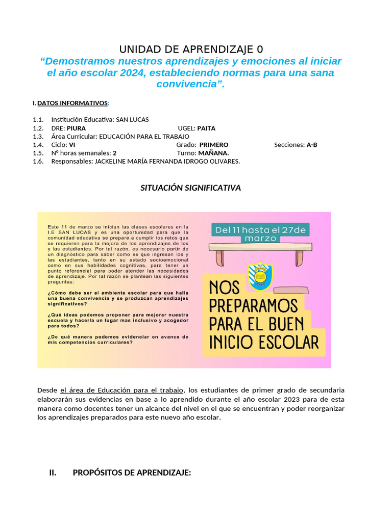 Unidad 0 - 1° Grado EPT - 2024 | PDF