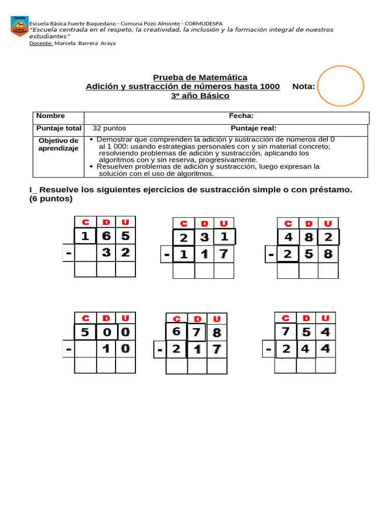 Prueba de Matematicas Sumas y Restas - Compress | PDF