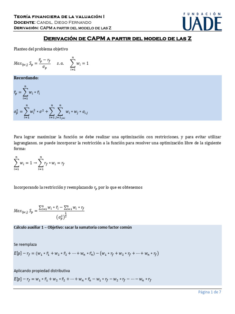 TFV I - CAPM - Derivación A Partir Del Mundo de N AR y RF | PDF