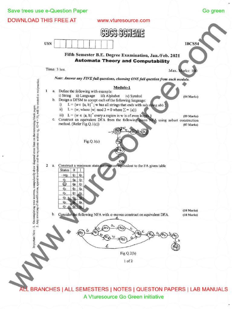 TOC VTU Papers | PDF