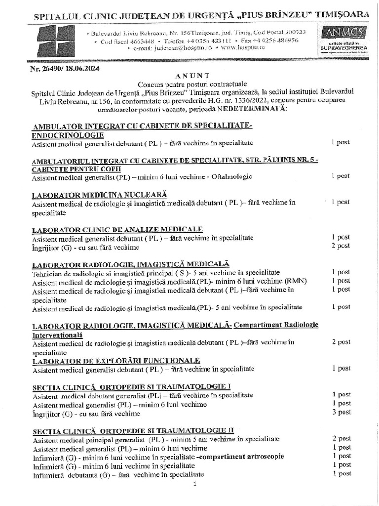 Anunt Concurs Posturi Contractuale - Iunie 2024 | PDF