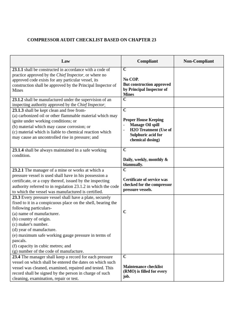 Compressor Audit Checklist Based On Chapter 23 | PDF