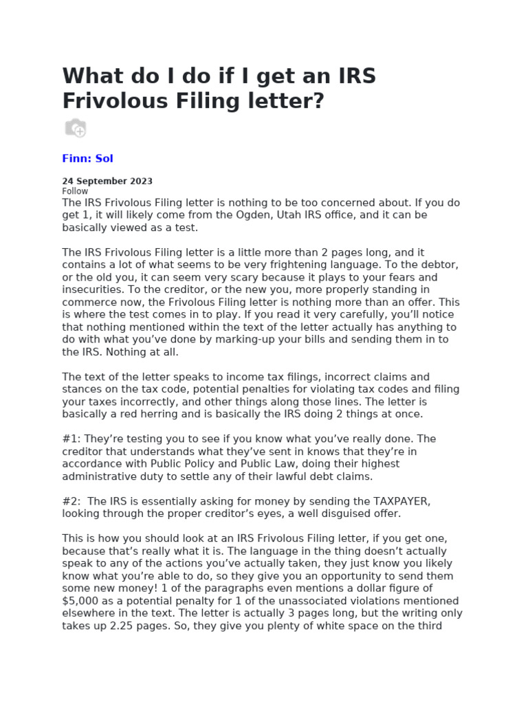 What Do I Do If I Get An IRS Frivolous Filing Letter | PDF