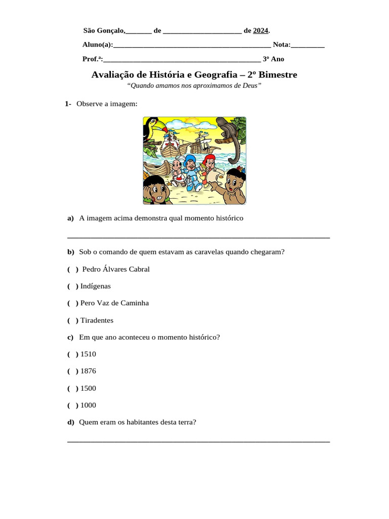 Avaliação de História e Geografia 3° Ano | PDF