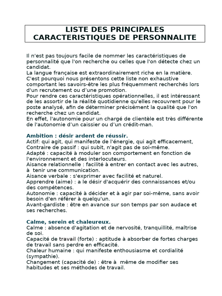 Liste Des Principales Caractéristiques de Personnalité | PDF