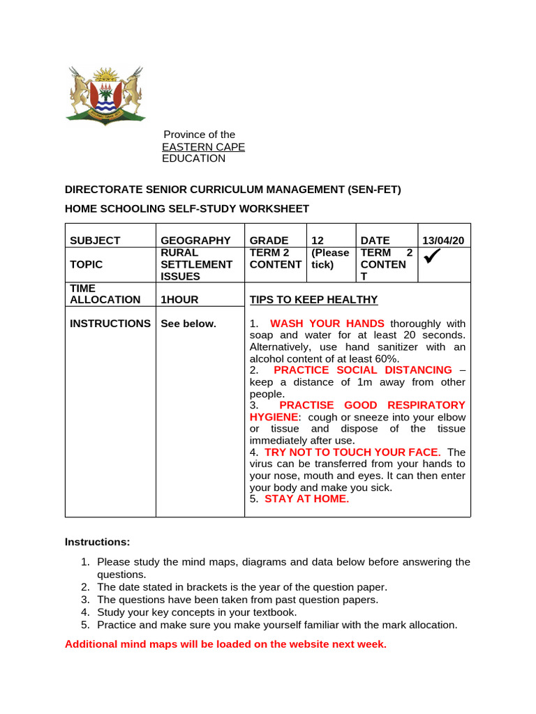 Geography Grade 12 Rural Settlement Issues Worksheet | PDF