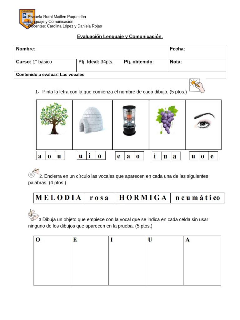 1° Básico - Evaluación Lenguaje y Comunicación | PDF
