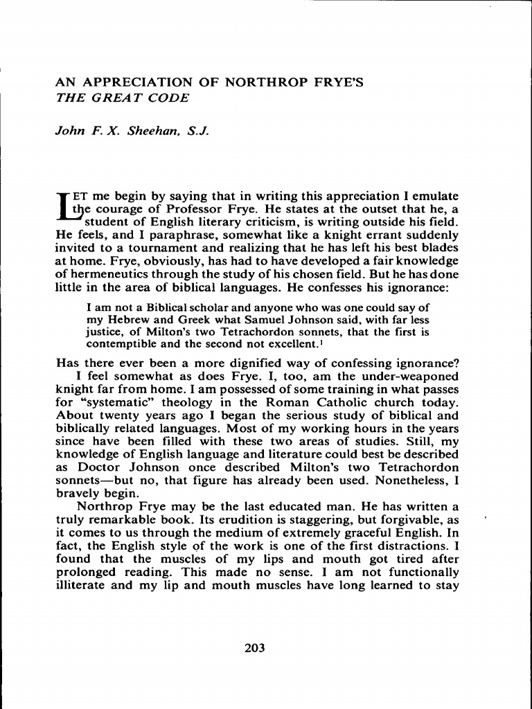 An Appreciation of Northrop Frye's The Great Code | PDF