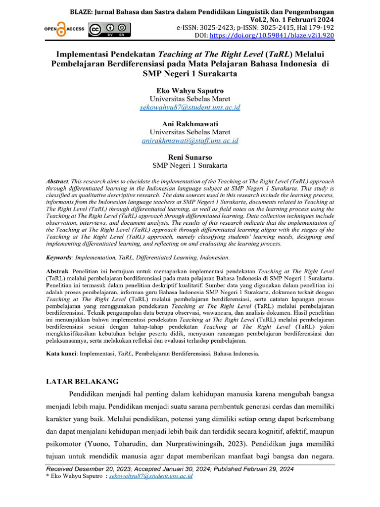 179-192 Implementasi Pendekatan Teaching at The Right Level (TaRL) Melalui Pembelajaran ...