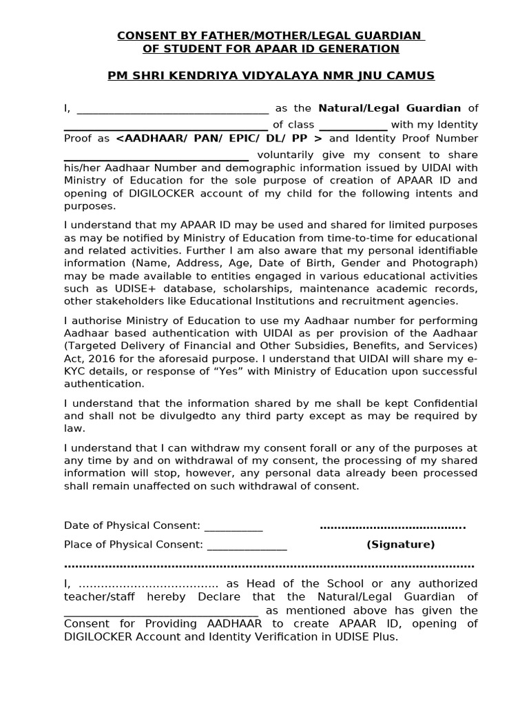 Consent Form APAAR Modified Approved KVJNU | PDF