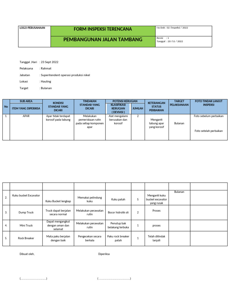 SK 02 Form Inspeksi Terencana | PDF