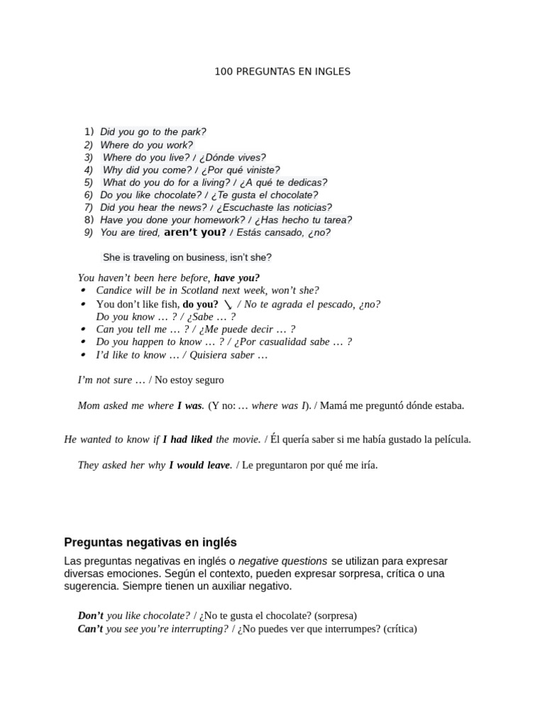 100 Preguntas en Ingles | PDF